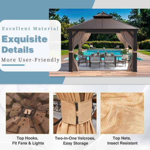 MELLCOM 12'x12' Hardtop Gazebo, Galvanized Steel Metal Double Roof Canopy Curtains and Netting, Outdoor Permanent Canopy Gazebos with Aluminum Frames for Patios, Gardens, Lawns