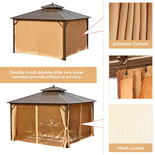 MELLCOM 12'x12' Hardtop Gazebo, Galvanized Steel Metal Double Roof Canopy Curtains and Netting, Outdoor Permanent Canopy Gazebos with Aluminum Frames for Patios, Gardens, Lawns