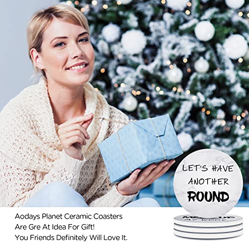 AODAYS Coasters for Drinks with Holder, White Marble-Style Absorbent Round Ceramic Drink Coaster, Bar Coaster with 6 Sayings, Set of 6 with Cork Base (Funny)