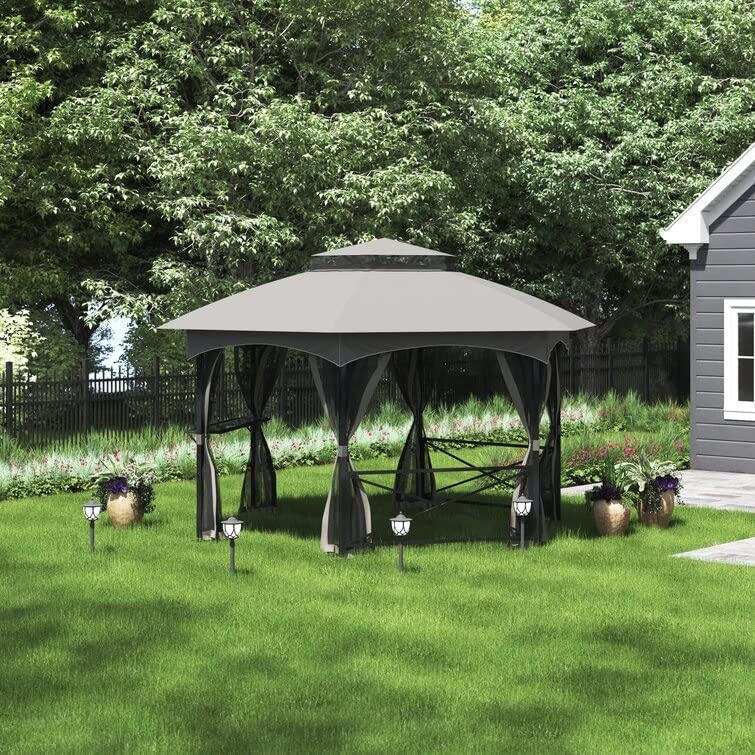 Generic Outdoor Patio Hexagon Gazebo 13' W X 11' D Dome Top Powder-Coated Steel Frame Gazebo with Net Gray