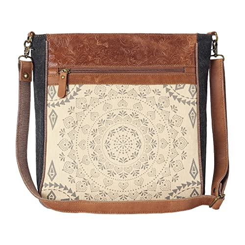 ANNGOTI Canvas & Cowhide Shoulder Bag for Women, Vintage Style with Genuine Leather, Handmade Print Crossbody Bag with Zipper Top & Adjustable Strap