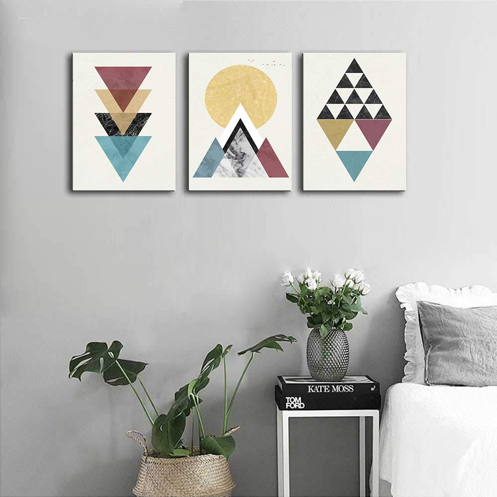 MHARTK66 Abstract Geometry Wall Art Prints, 3 Framed 12 x 16 inch Canvas, Bedroom Living Room Bathroom Decor