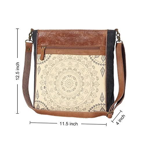 ANNGOTI Canvas & Cowhide Shoulder Bag for Women, Vintage Style with Genuine Leather, Handmade Print Crossbody Bag with Zipper Top & Adjustable Strap