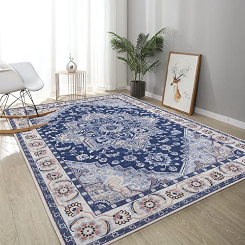 Wemina Vintage Bohemian Area Rug Non-Slip Traditional Oriental Rug Distressed Floral Medallion Accent Throw Carpet for Door Mat Entryway Bedroom Bathroom Kitchen Decor,Blue, 3’X 5’
