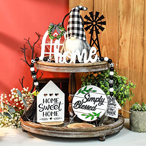 10 Pieces Farmhouse Decor for Tiered Tray, Black White Buffalo Plaid Wooden Mini Sign Rustic Ornaments with String Lights for Kitchen Table Decoration, Housewarming Gift(Gnome Style)