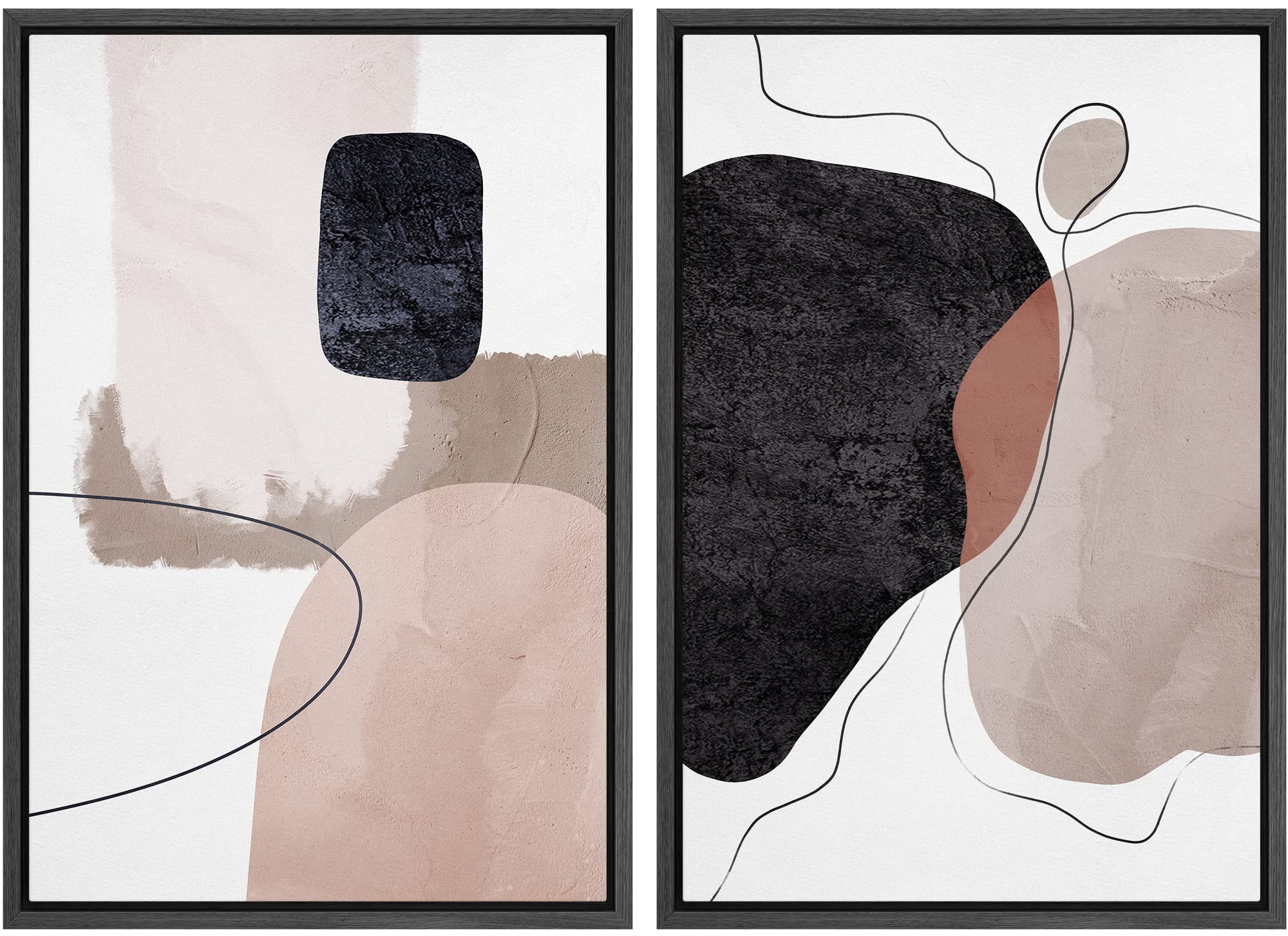 Ashbrook Framed Canvas Print Wall Art Set Geometric Mid-Century Pastel Color Blocks Abstract Shapes Illustrations Modern Art Decorative Relax for Living Room, Bedroom, Office - 24"x36"x2 Black