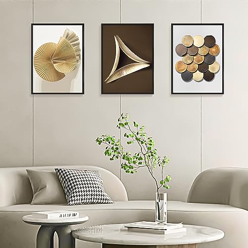 jenesaisquoi Abstract Geometric Modern Wall Art Framed Set Of 3, Geometric Shape Pattern Brown Gold Wall Pictures for Living Room Bedroom Office Wall Decor (12" x 16" x 3 pcs, Black Frame)