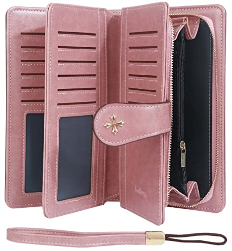 Long Wallets for Women PU Leather Credit Card Holder with Zipper Compartment Large Capacity Trifold Clutch Wristlet Multi Card Case Wallet (3-Pink)