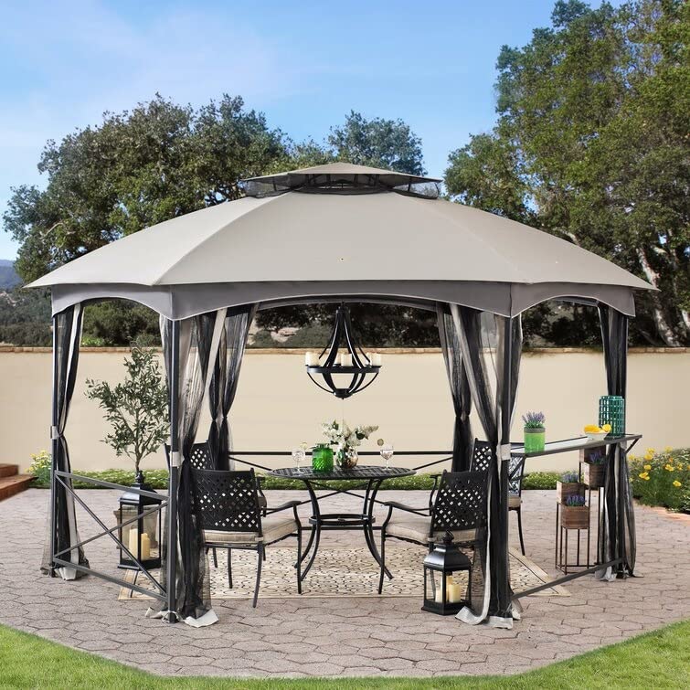 SDGH Outdoor Patio Hexagon Gazebo 13' W X 11' D Dome Top Powder-Coated Steel Frame Gazebo with Net Gray