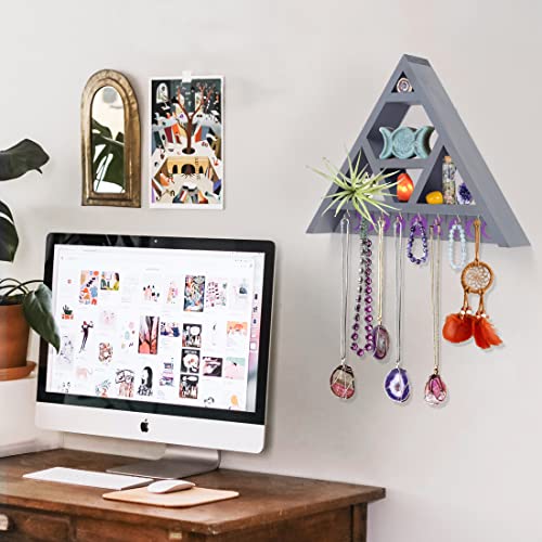 FM Moon Phase Triangle Shelf-Boho Crystal Display Shelf-Wall Mounted Jewelry Organizer-Crystal Holder-Moon Shelf Witchy Room Decor-Keychain Bracelet Holder-Necklace Holder-Gothic Decor,Grey
