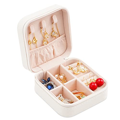 Portable Travel Mini Jewelry Box Leather Jewellery Ring Organizer Case Storage Gift Box Girls Women (2pcs White).