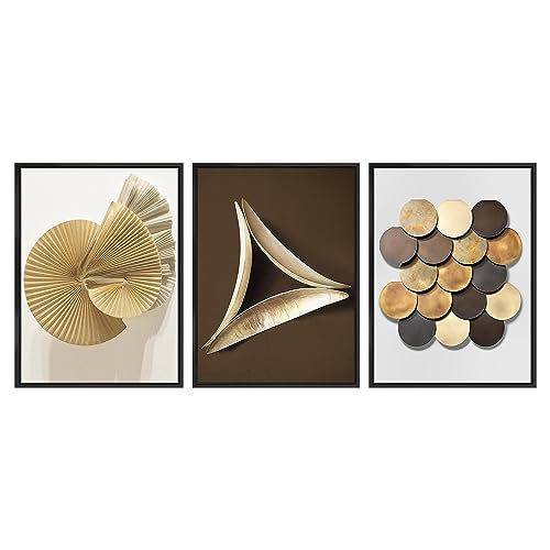 jenesaisquoi Abstract Geometric Modern Wall Art Framed Set Of 3, Geometric Shape Pattern Brown Gold Wall Pictures for Living Room Bedroom Office Wall Decor (12" x 16" x 3 pcs, Black Frame)