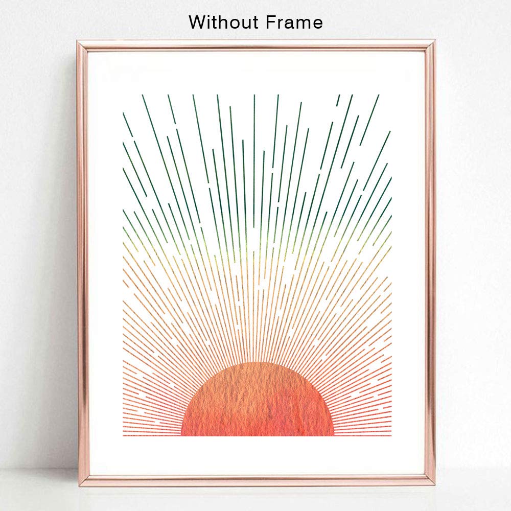 Sun Watercolor Art Print, Mid Century Modern Art, Abstract Sun Rays, Red and Green, Wall Picture, Living Room Wall Decor, 8x10 inch No Frame