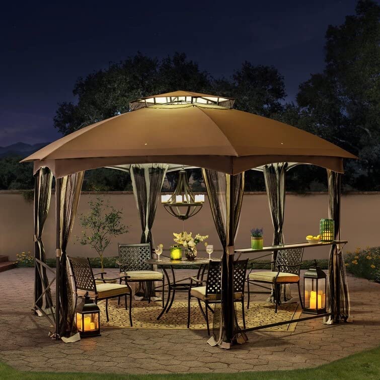 SDGH Outdoor Patio Hexagon Gazebo 13' W X 11' D Dome Top Powder-Coated Steel Frame Gazebo with Net Gray