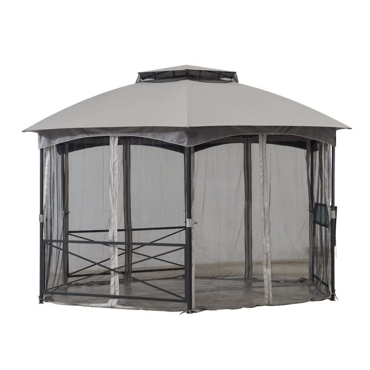 SDGH Outdoor Patio Hexagon Gazebo 13' W X 11' D Dome Top Powder-Coated Steel Frame Gazebo with Net Gray