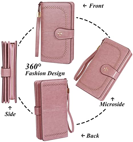 Long Wallets for Women PU Leather Credit Card Holder with Zipper Compartment Large Capacity Trifold Clutch Wristlet Multi Card Case Wallet (3-Pink)
