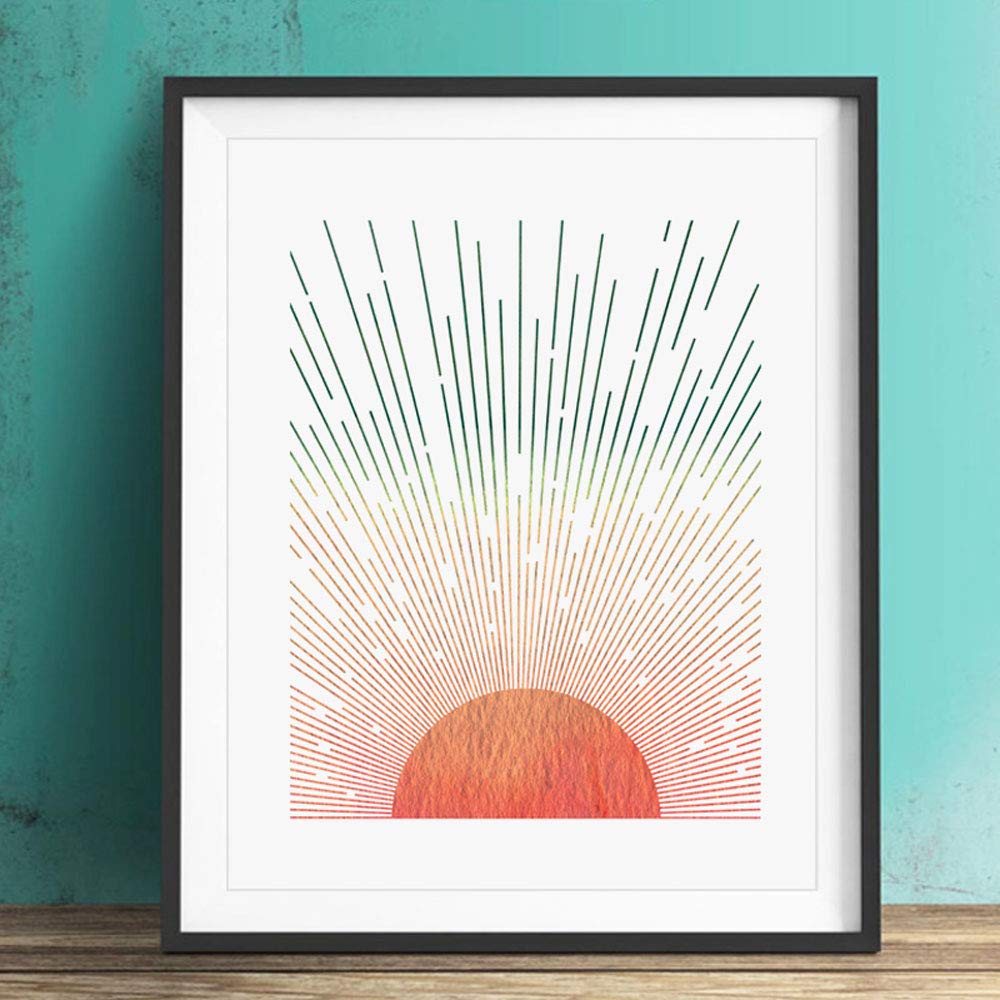 Sun Watercolor Art Print, Mid Century Modern Art, Abstract Sun Rays, Red and Green, Wall Picture, Living Room Wall Decor, 8x10 inch No Frame