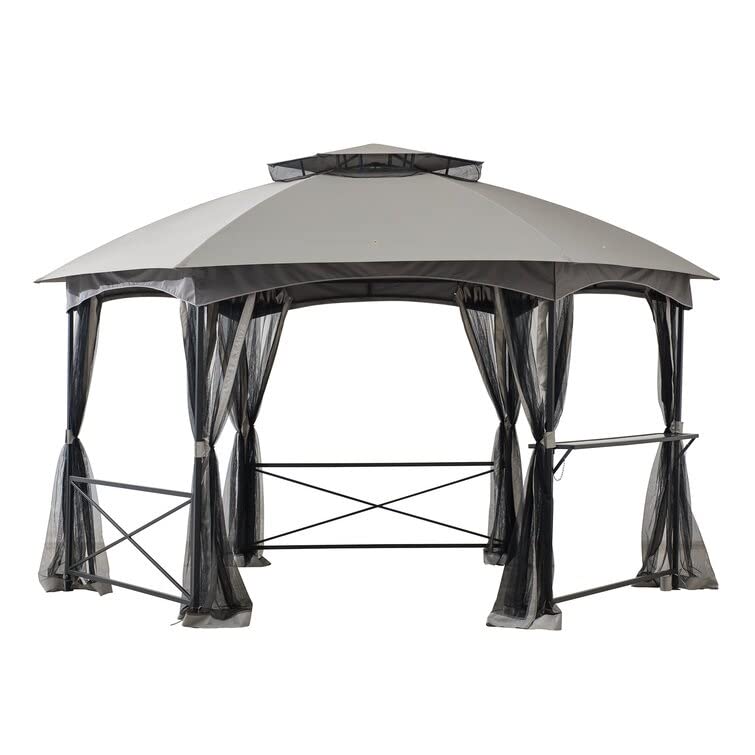 SDGH Outdoor Patio Hexagon Gazebo 13' W X 11' D Dome Top Powder-Coated Steel Frame Gazebo with Net Gray