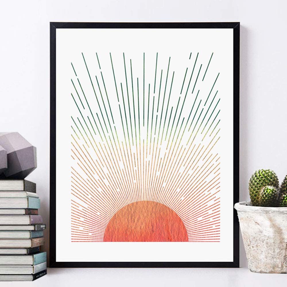 Sun Watercolor Art Print, Mid Century Modern Art, Abstract Sun Rays, Red and Green, Wall Picture, Living Room Wall Decor, 8x10 inch No Frame