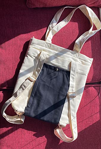 KELAMY Convertible Canvas Backpack Tote with Zippers & Pockets Color Block Tote Bag/Backpack (Black)
