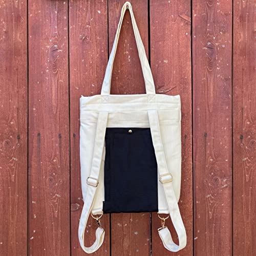 KELAMY Convertible Canvas Backpack Tote with Zippers & Pockets Color Block Tote Bag/Backpack (Black)