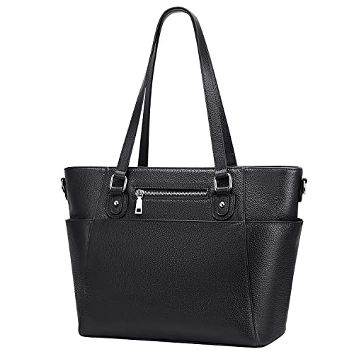 Over Earth Women Leather Handbags Genuine Leather Tote Shoulder Bag with Multi Pockets(O105E UG Black)