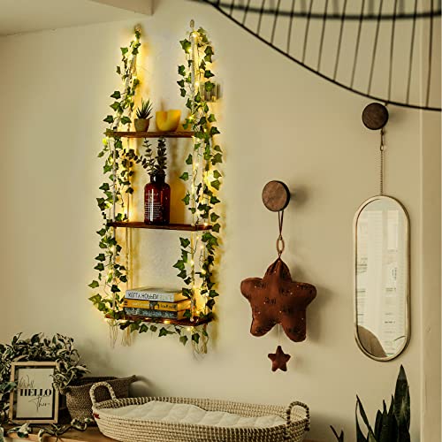 Hanging Shelf with Vine Lights, Macrame Plant Shelf, Wall Shelf, Wall Storage with Handmade Woven Ropes, 3 Tier Floating Shelf, Boho Room Decor Aesthetic for Succulents, Bedroom, Living Room, Bathroom