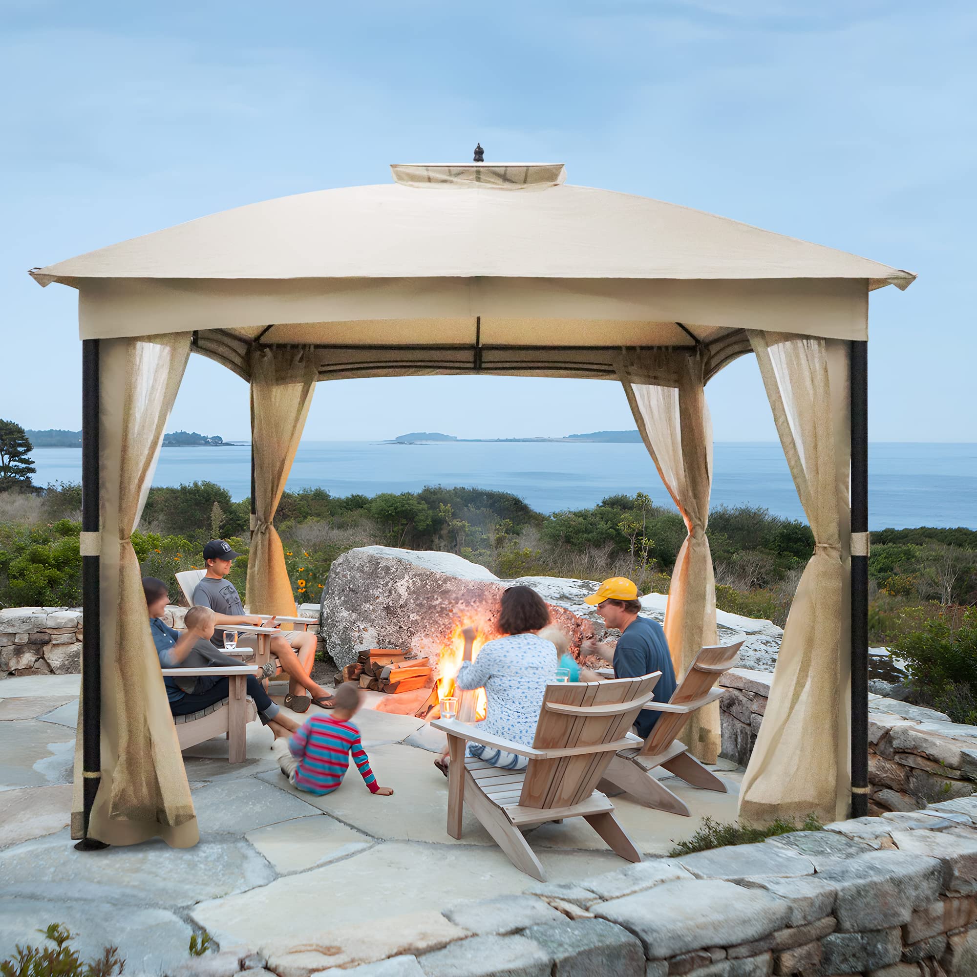 Joyside Outdoor Metal Gazebo, 10"x12" Patio Gazebo Double Vent Canopy Gazebo with Mesh Sidewalls, Gazebo Tent with Metal Frame Easy to Set Up for Patio Lawn and Backyard, Beige Top