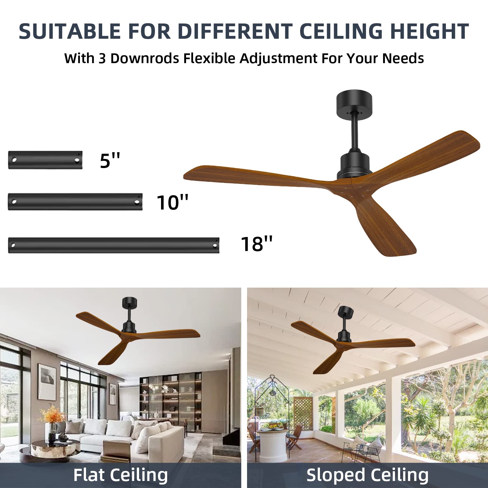 Obabala Modern Ceiling Fan No Light with Remote, Outdoor Ceiling Fan Without Light 3 blade Wood Walnut Fan for Patios/Farmhouse Reversible DC Motor, 52'', Brown
