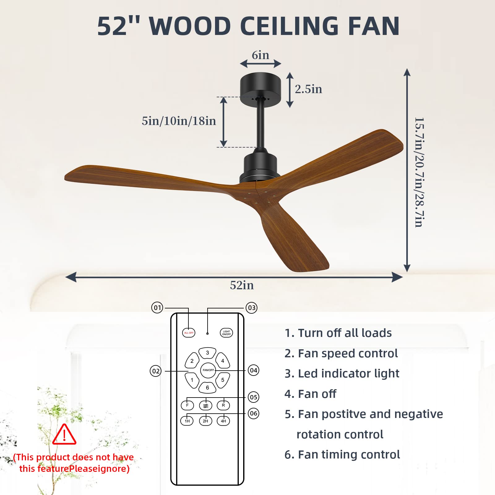 Obabala Modern Ceiling Fan No Light with Remote, Outdoor Ceiling Fan Without Light 3 blade Wood Walnut Fan for Patios/Farmhouse Reversible DC Motor, 52'', Brown