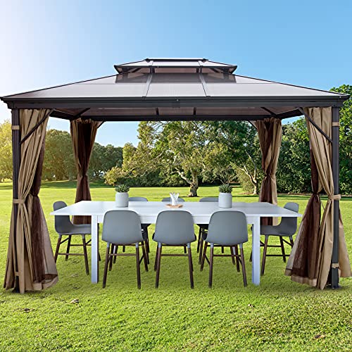 Happybuy Patio Gazebo, 10’ x 12’ Outdoor Gazebo Canopy, Patio Canopy w/Double PVC Plastic Roof, Aluminum Frame with Curtains and Netting, Shelter for Patios, Backyard, Outdoor Lawn