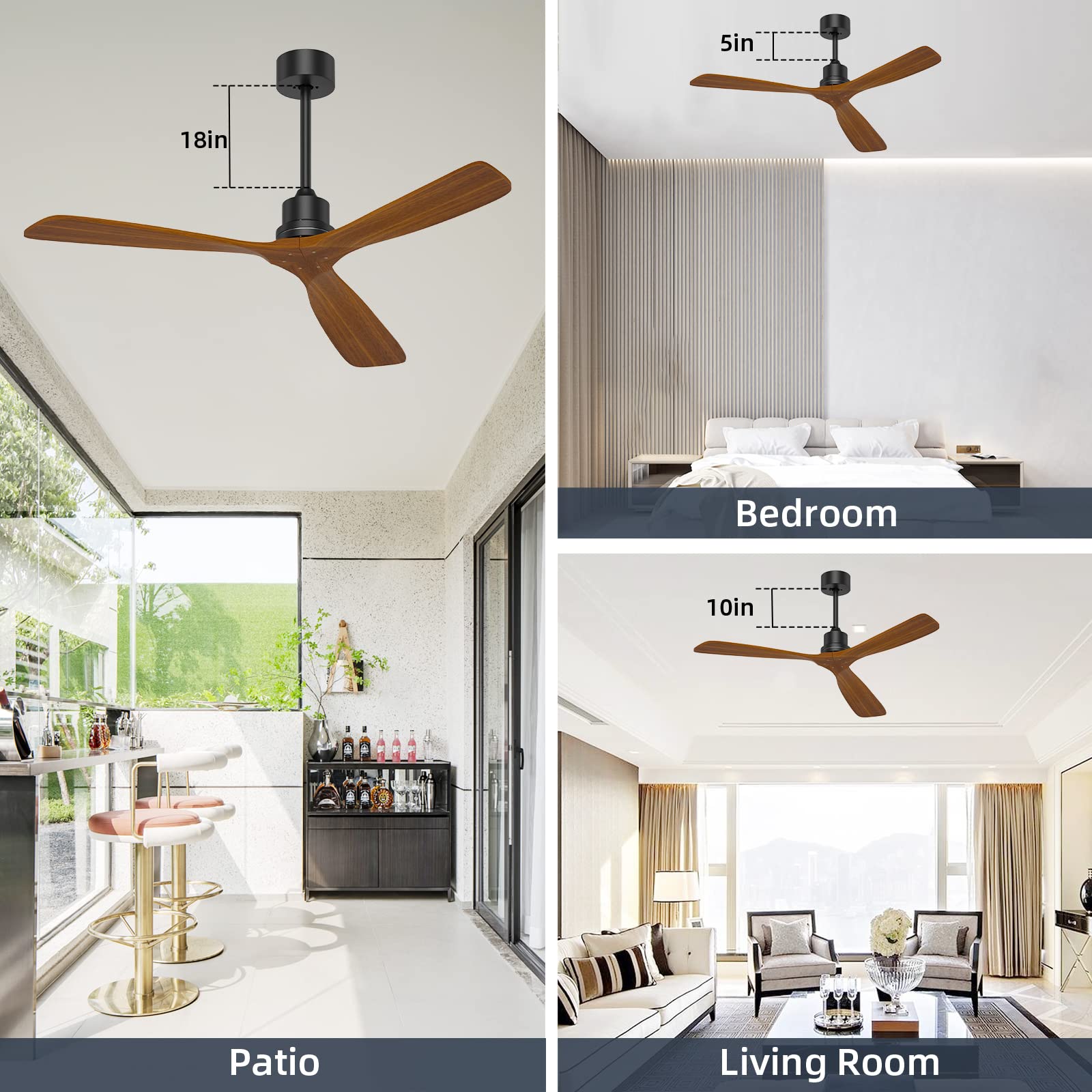 Obabala Modern Ceiling Fan No Light with Remote, Outdoor Ceiling Fan Without Light 3 blade Wood Walnut Fan for Patios/Farmhouse Reversible DC Motor, 52'', Brown