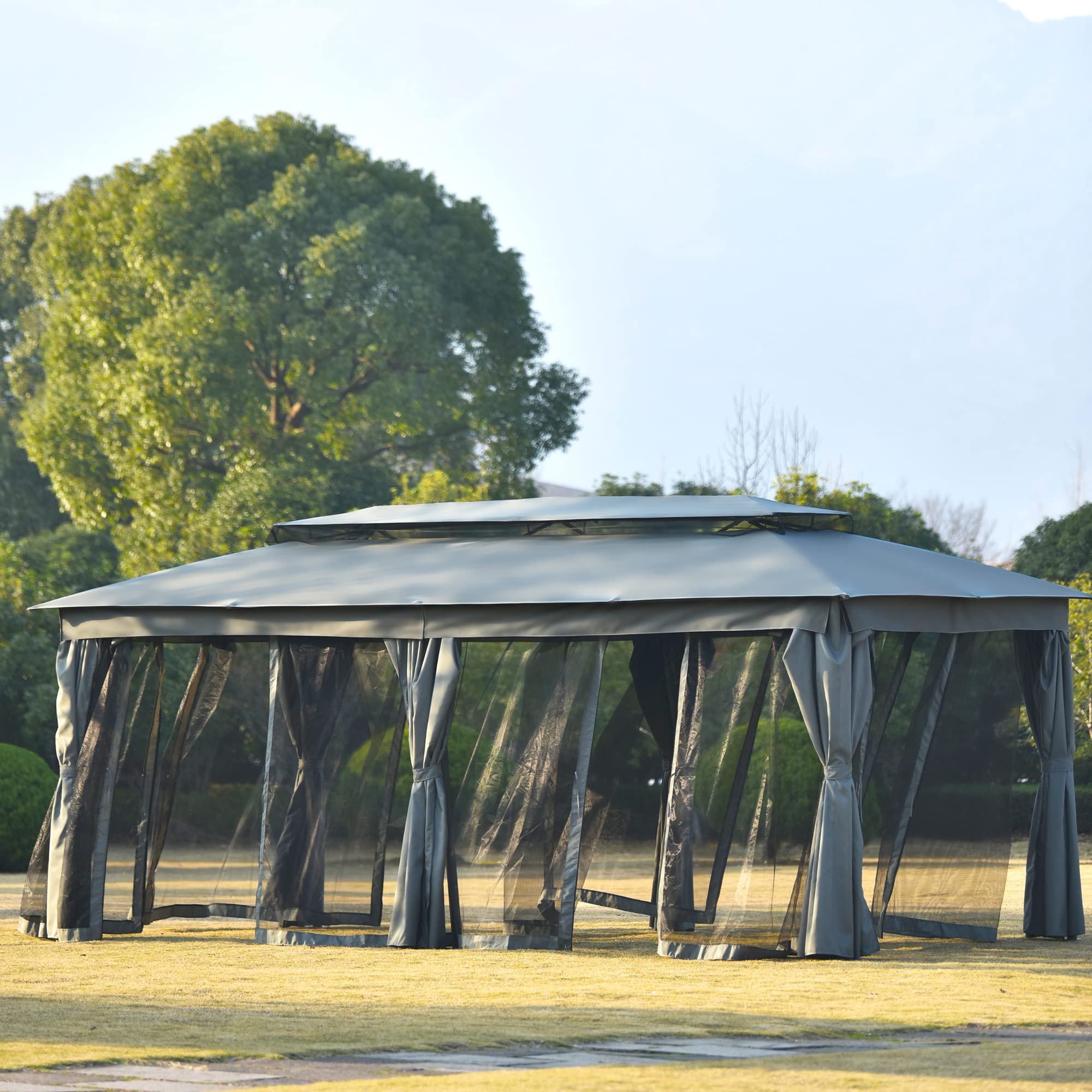 110x220 Outdoor Gazebo with Oxford Cloth & Mosquito Nets, Patio, Yard, Deck, Garden, Double Top Design Zipper Design Ultraviolet-Proof Waterproof Fireproof Withstand Strong Winds, Gray