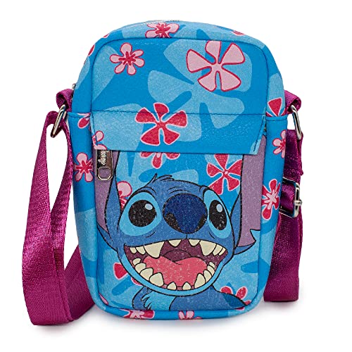 Buckle Down Disney Bag, Cross Body, Lilo, Stitch Smiling Closeup with Flowers, Blues, Vegan Leather, Lilo & Stitch