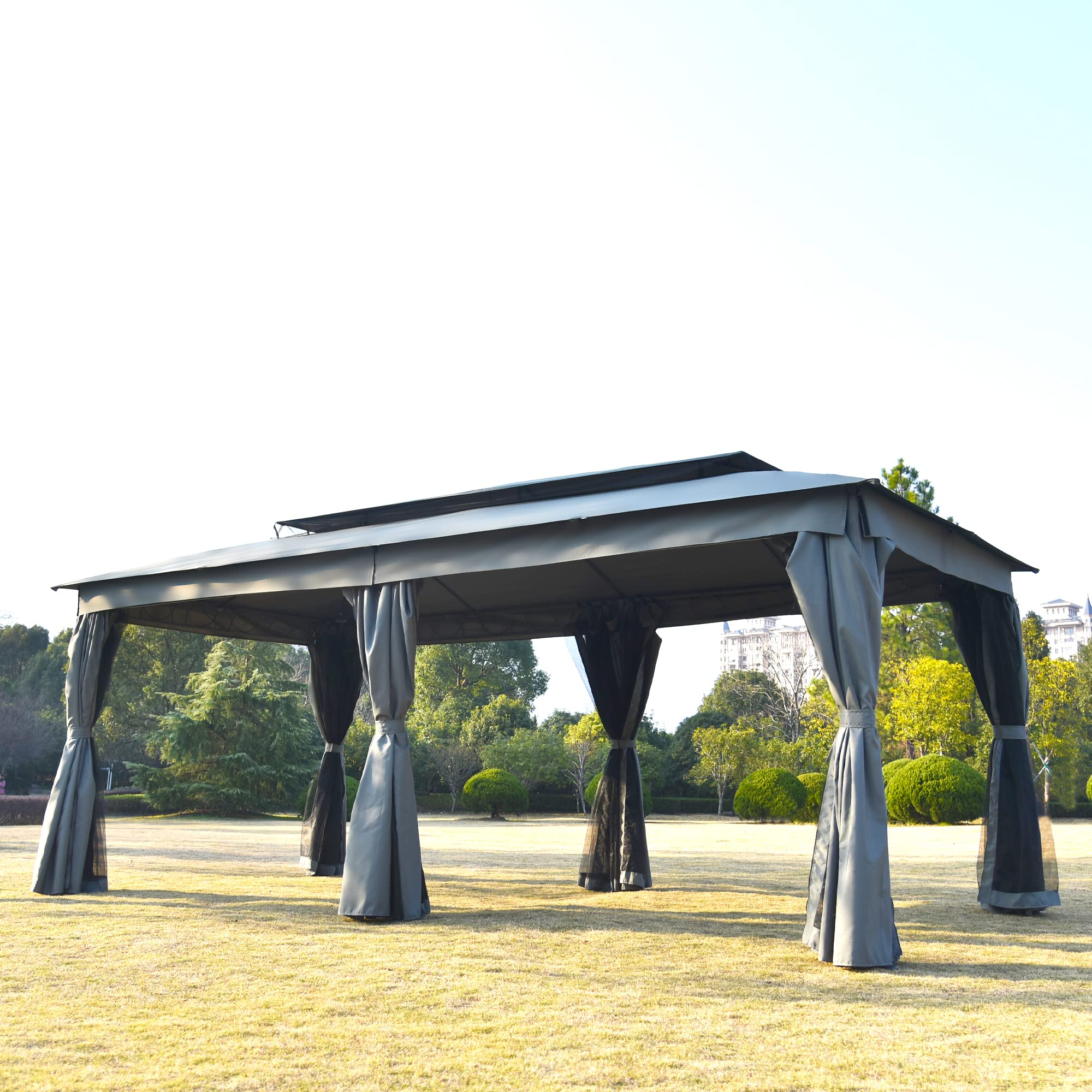 110x220 Outdoor Gazebo with Oxford Cloth & Mosquito Nets, Patio, Yard, Deck, Garden, Double Top Design Zipper Design Ultraviolet-Proof Waterproof Fireproof Withstand Strong Winds, Gray