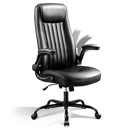 DEVAISE Computer Office Chair, High Back Ergonomic Desk Chair with Adjustable Flip-up Armrests, Lumbar Support and Thick Headrest, Executive Suede Fabric Swivel Task Chair, Black