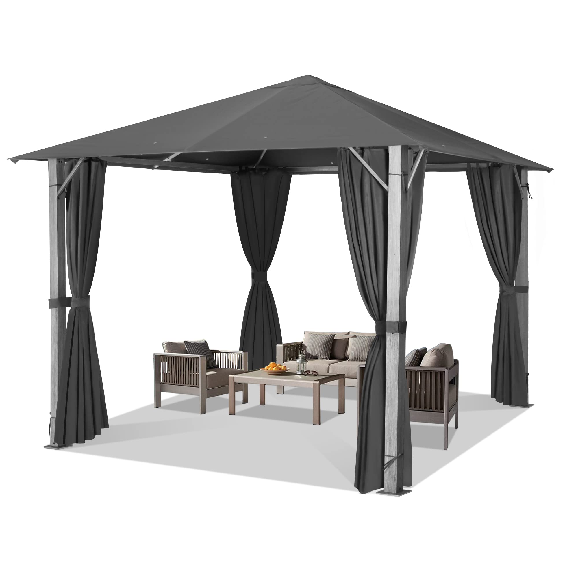 Raysfung 10' x 10' Gazebo Aluminum Frame Outdoor Gazebo with Curtain Canopy Shelter with Sidewalls, Vented Roof for Garden, Patio, Backyard (Grey)