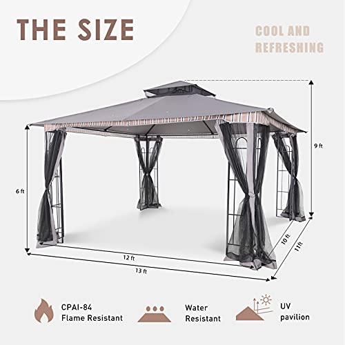 Joyside Patio Gazebo with Netting 12 ft. x 10 ft. Double Tier Roof gazebos for patios (Grey)