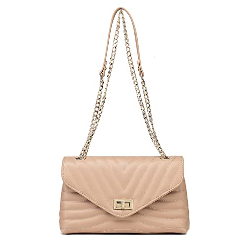 ANT EXPEDITION Small Quilted Shoulder Purses and Handbags for Women Trendy Design Crossbody Bags with Sliding Gold Chain Strap (Nude)