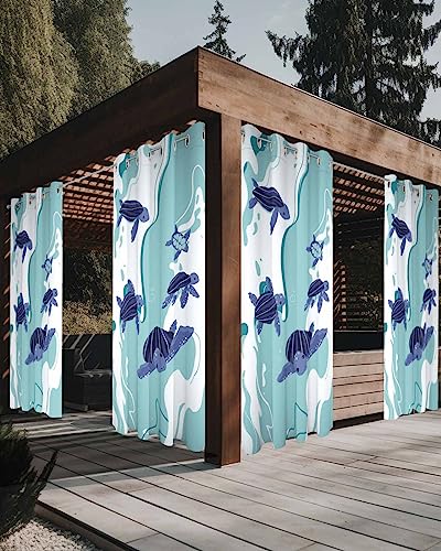 Waterproof Outdoor Curtains for Patio,Cute Sea Turtle Under Ocean World Blackout Grommet Curtain Privacy Curtains for Yard Porch Pergola Cabana Gazebo,Watercolor Marine Life 2 Panel,54''Wx108''L
