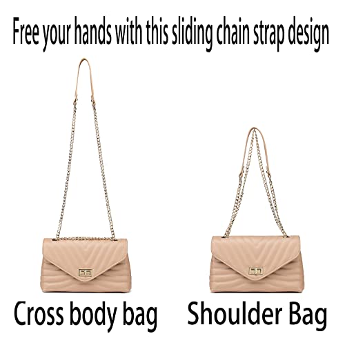 ANT EXPEDITION Small Quilted Shoulder Purses and Handbags for Women Trendy Design Crossbody Bags with Sliding Gold Chain Strap (Nude)