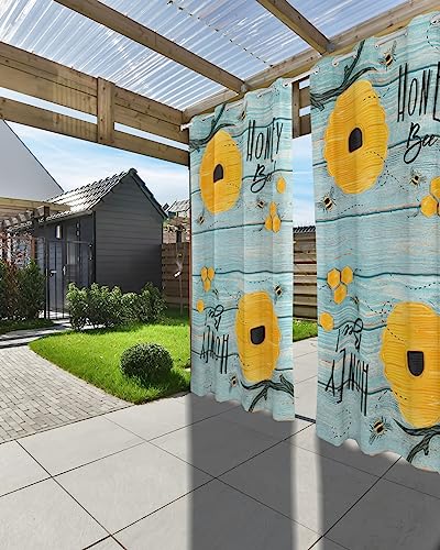 Outdoor Curtains for Patio 2 Panels Set Honey Bee Beehive Under Branch Blue Wooden Plank Waterproof Privacy Outside Curtain Sun Blocking Grommet Drapes for Porch Gazebo Pergolas Balcony 52x108 Inch