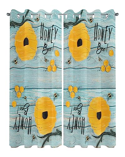Outdoor Curtains for Patio 2 Panels Set Honey Bee Beehive Under Branch Blue Wooden Plank Waterproof Privacy Outside Curtain Sun Blocking Grommet Drapes for Porch Gazebo Pergolas Balcony 52x108 Inch