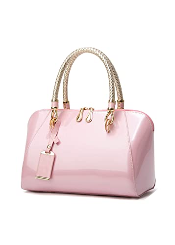 YAQUNICER Top-handle Handbags Purse Satchel for Women Patent PU Shoulder Crossbody Bag Middle Tote-Pink