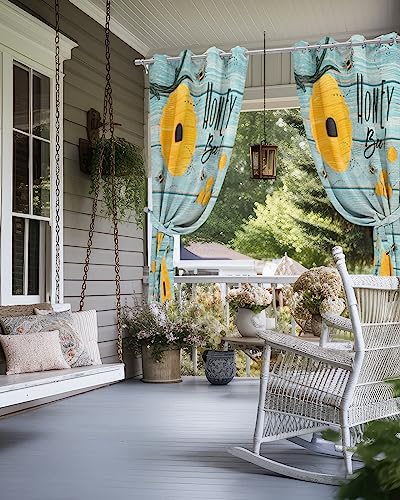 Outdoor Curtains for Patio 2 Panels Set Honey Bee Beehive Under Branch Blue Wooden Plank Waterproof Privacy Outside Curtain Sun Blocking Grommet Drapes for Porch Gazebo Pergolas Balcony 52x108 Inch