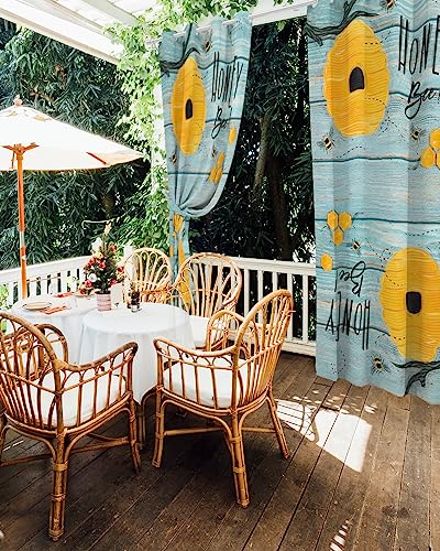 Outdoor Curtains for Patio 2 Panels Set Honey Bee Beehive Under Branch Blue Wooden Plank Waterproof Privacy Outside Curtain Sun Blocking Grommet Drapes for Porch Gazebo Pergolas Balcony 52x108 Inch