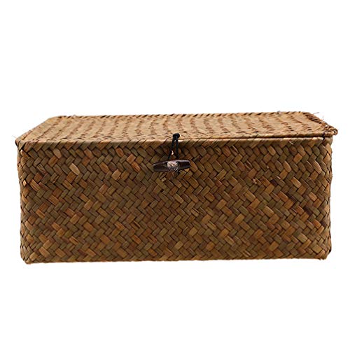 FOMIYES Seagrass Storage Baskets with Lid:Natural Wicker Baskets Woven Rectangular Basket Bins for Household Organizer Boxes Shelf Wardrobe Organizer- Size S