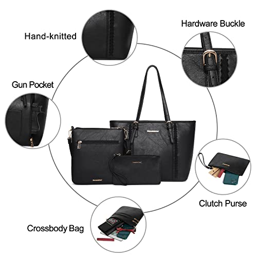 Montana West 3 PCS Tote Bag Set Purse Large Shoulder Bag Concealed Carry Purses and Handbags for Women Top Handle Shoulder Satchel Hobo Bags, Black