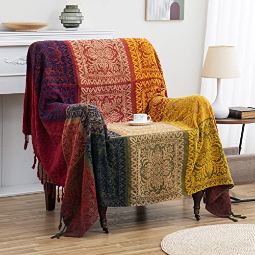Boho Throw Blanket, Hippie Room Decor Woven Furniture Recliner Sofa Covers, with Knitted Tassel Aesthetic Colorful Soft Crochet Throw Blankets for Couch, Bohemian, Indian Blankets (60 x 75 Inch)