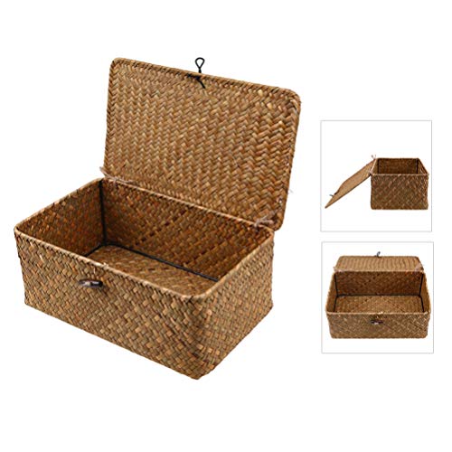 FOMIYES Seagrass Storage Baskets with Lid:Natural Wicker Baskets Woven Rectangular Basket Bins for Household Organizer Boxes Shelf Wardrobe Organizer- Size S